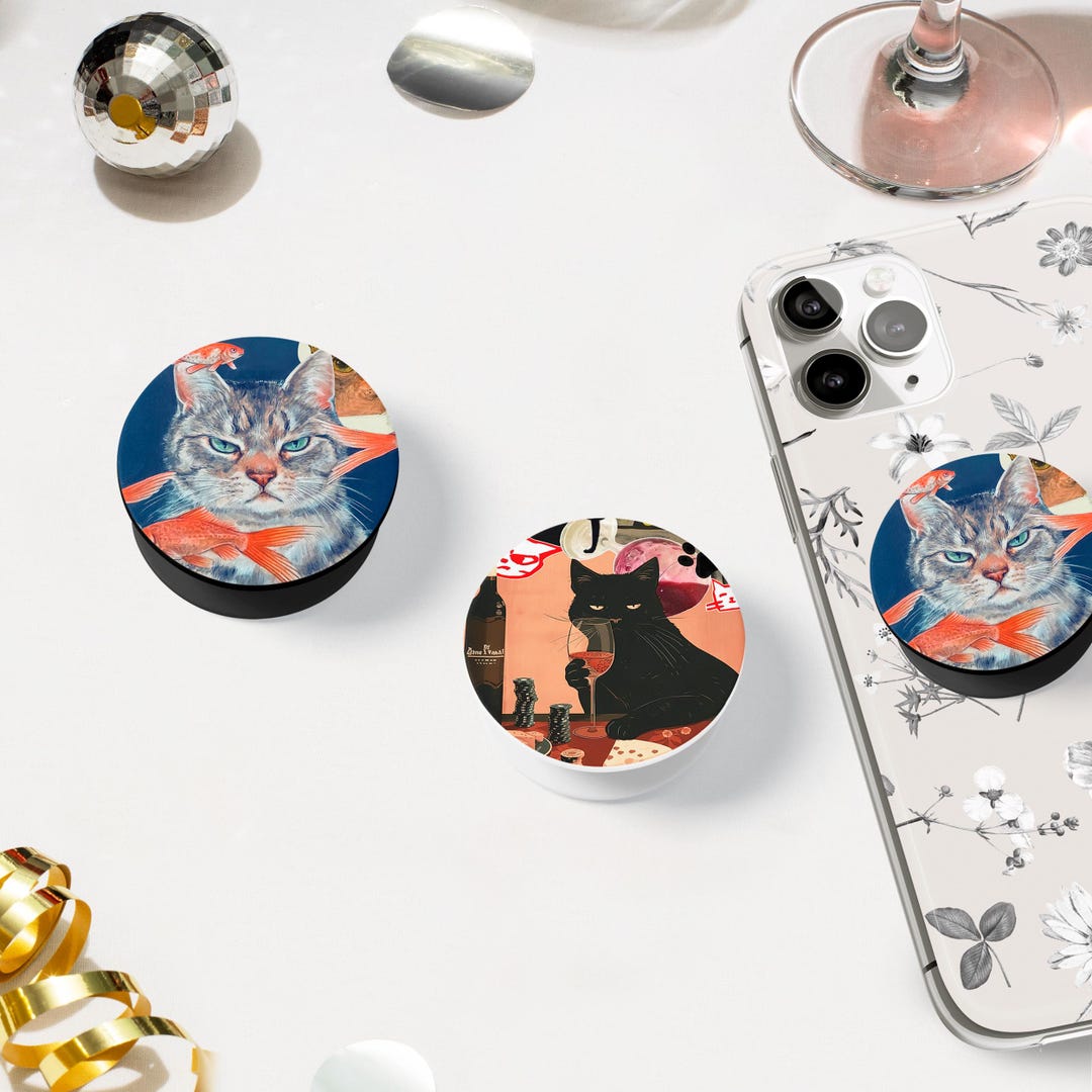 Kawaii Kitty Magsafe Phone Grip: Cats & Fish Art Kindle Holder ...