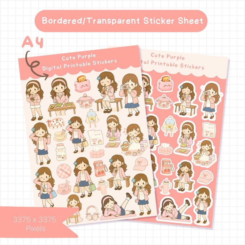 Cute Girl Digital Stickers Set Kawaii Printable PNG for Goodnotes ...