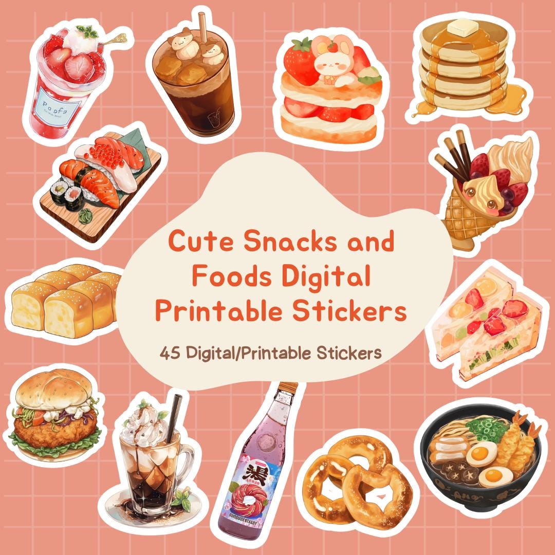 Cute Snacks Foods Digital Stickers, Printable PNG Files, Yummy Desserts ...
