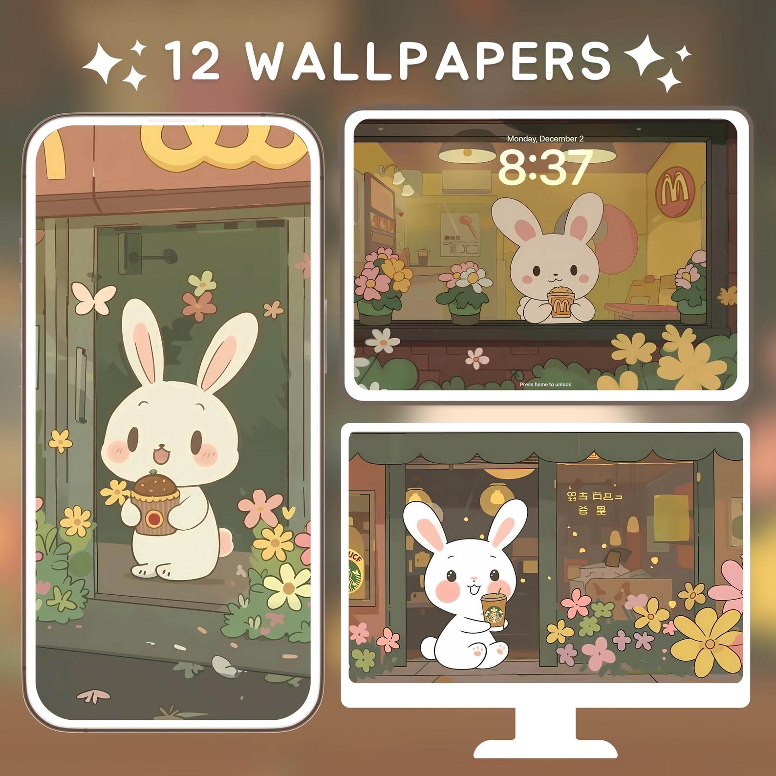 Kawaii Bunny Digital Wallpaper Pack | 12 Cute Bunny and Flower-themed ...
