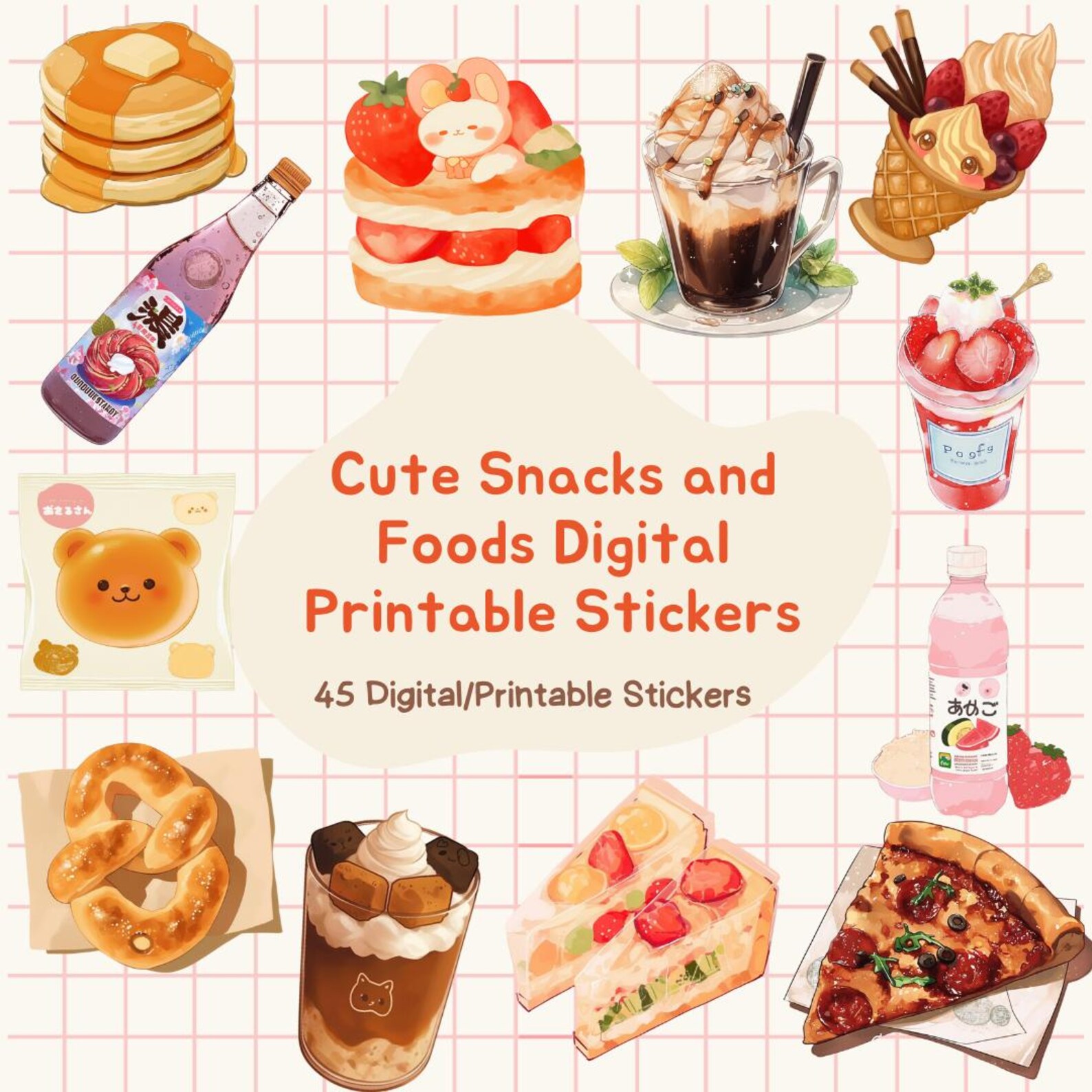 Cute Snacks Foods Digital Stickers, Printable PNG Files, Yummy Desserts ...