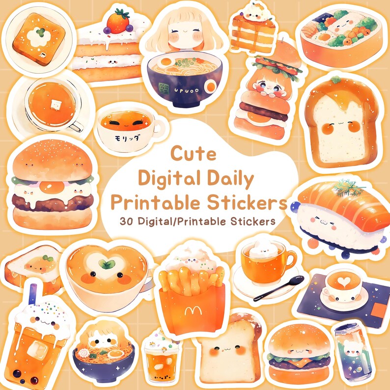 Cute Digital Daily Printable Stickers | Kawaii Food and Drink Stickers ...
