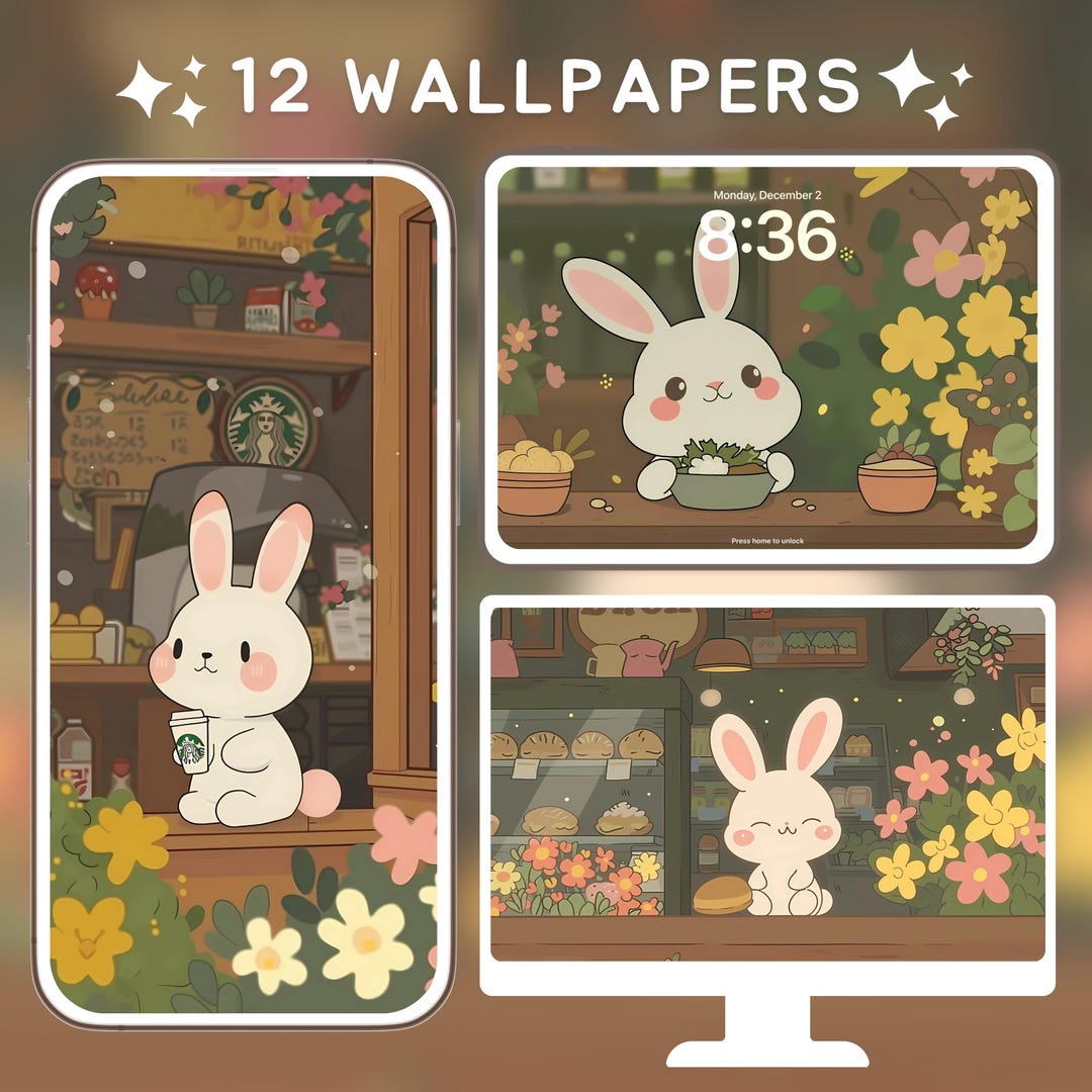 Kawaii Bunny Digital Wallpaper Pack | 12 Cute Bunny and Flower-themed ...