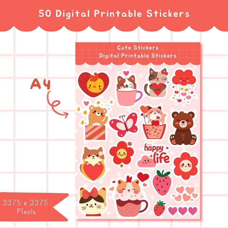 Kawaii Valentine’s Day Digital Printable Stickers, Cute Animal Heart ...