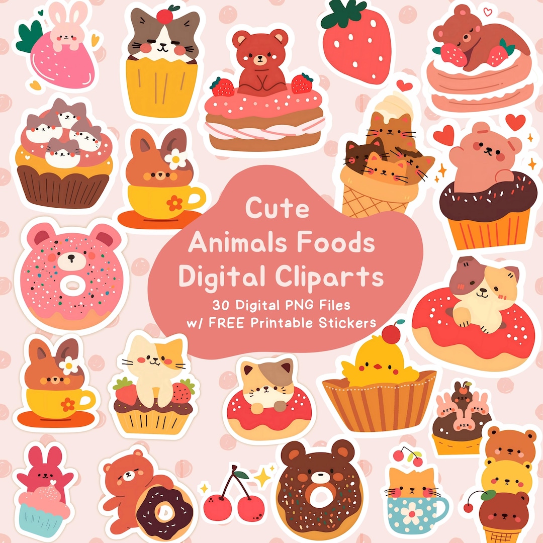 Cute Animals and Foods Digital Cliparts | Kawaii Animals With Donuts ...