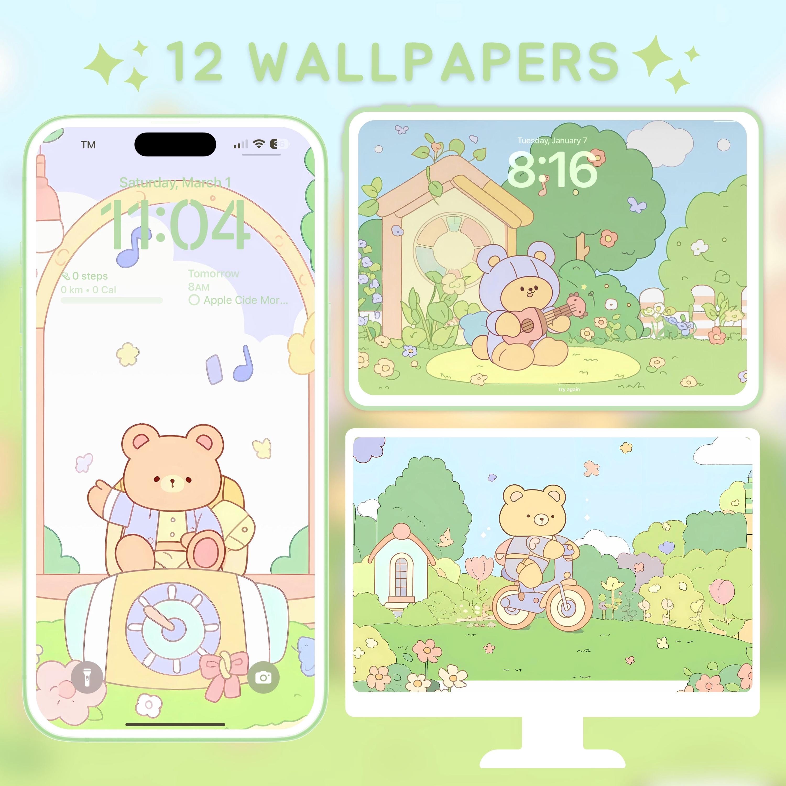 Kawaii Bear Digital Wallpaper Pack, Cozy Pastel Cottagecore Aesthetic ...