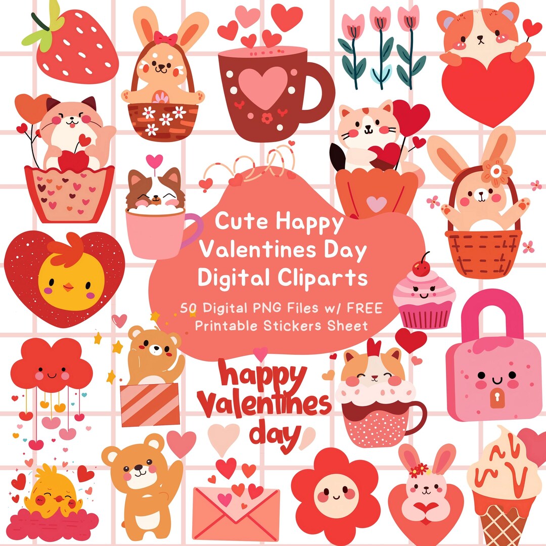 Cute Valentines Day Clipart Bundle Printable Valentines PNG Designs ...