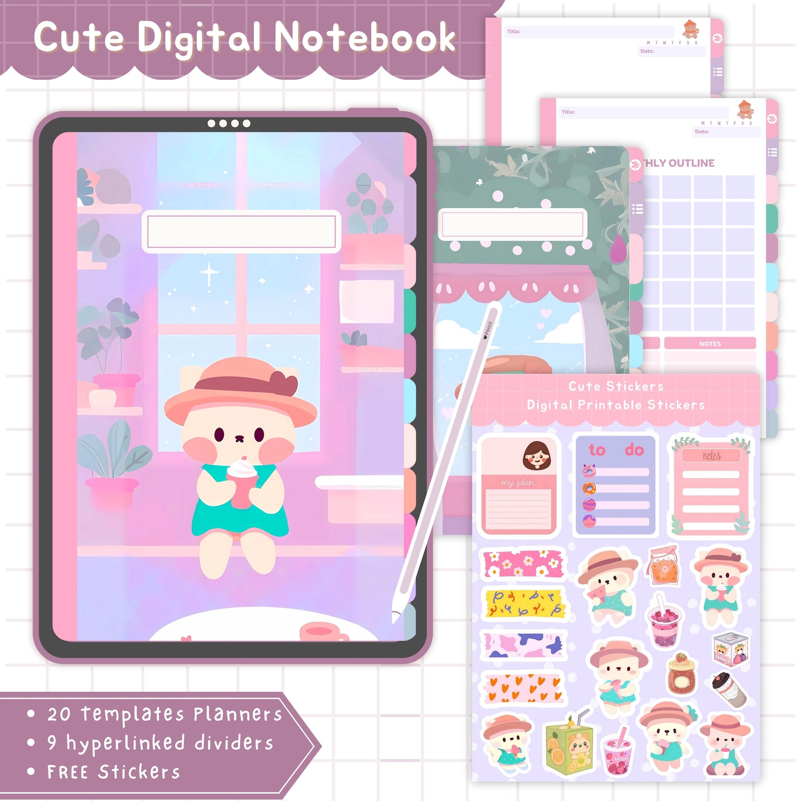 Cute Digital Notebook Kawaii Planner With Hyperlinked Dividers & Free ...