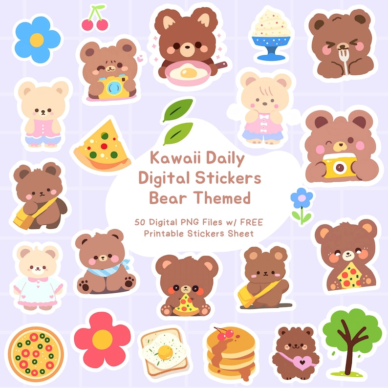 Kawaii Bear Digital Stickers, Cute Daily Life Sticker Set, PNG Files ...