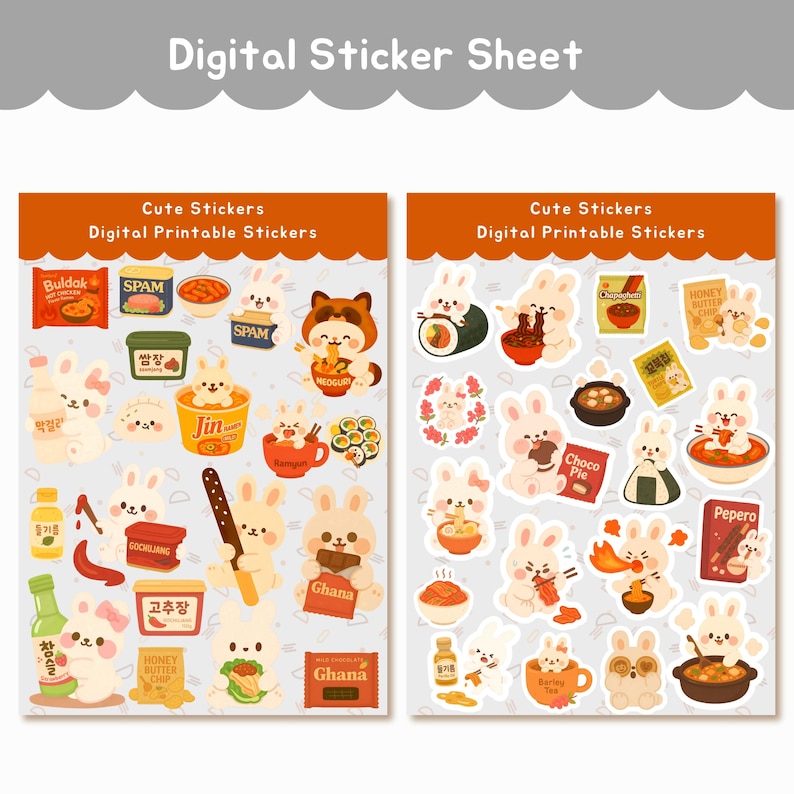 Kawaii Korean Snacks Bunny Digital Stickers Cute Food Clipart Stickers ...
