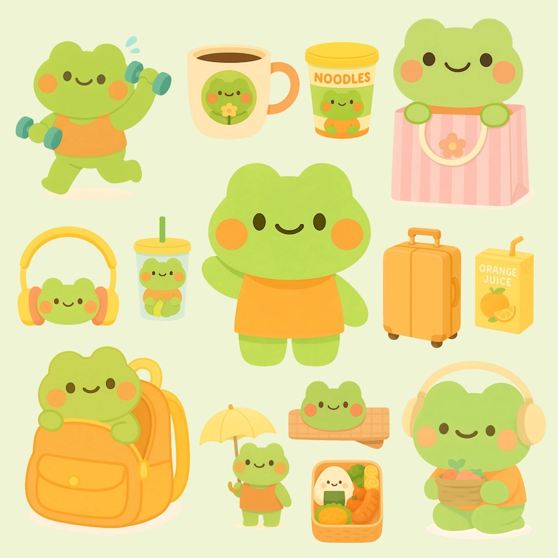 Kawaii Frog Digital Stickers | Cute Frog PNG Clipart Pack | Printable ...