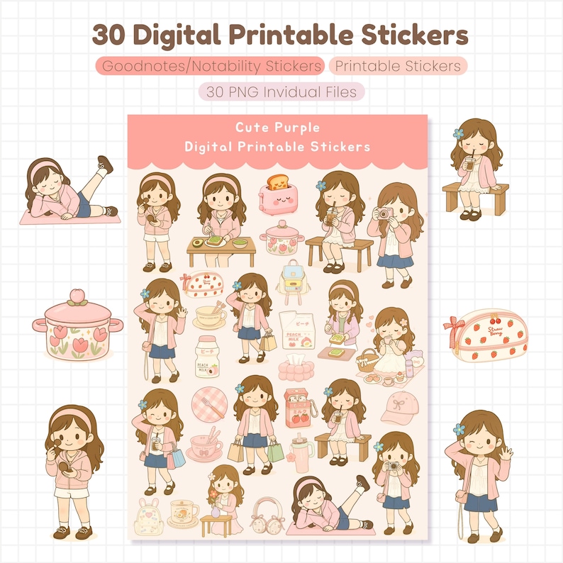 Cute Girl Digital Stickers Set Kawaii Printable PNG for Goodnotes ...