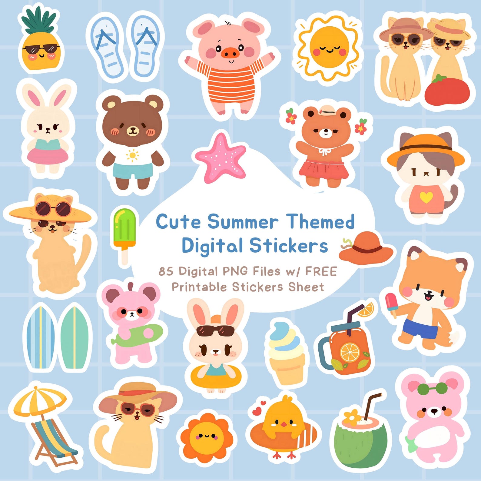 Cute Summer Digital Stickers Kawaii Beach Vacation Pngs Printable ...