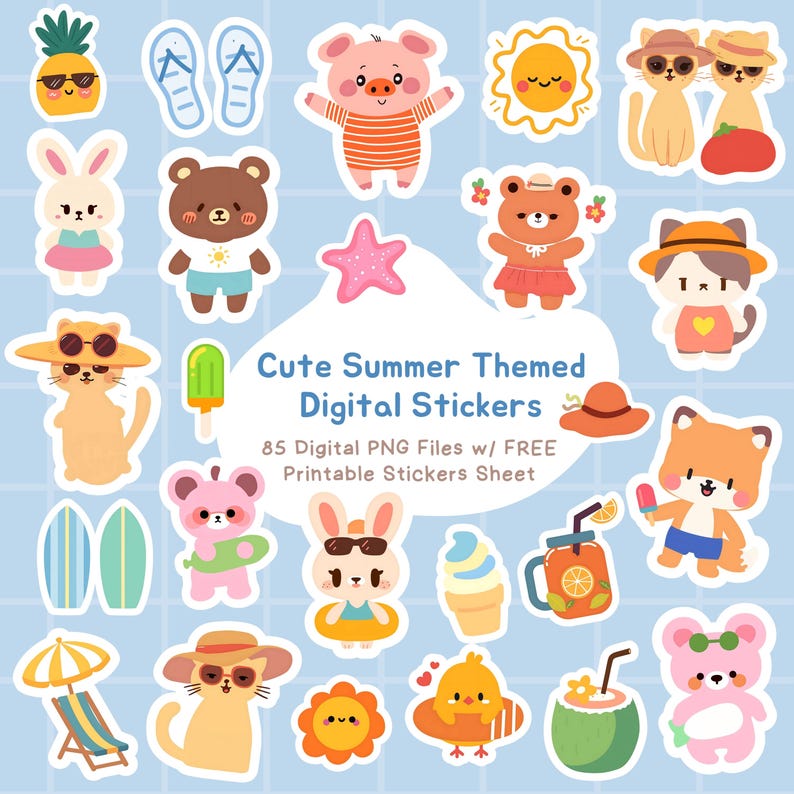 Cute Summer Digital Stickers Kawaii Beach Vacation Pngs Printable ...