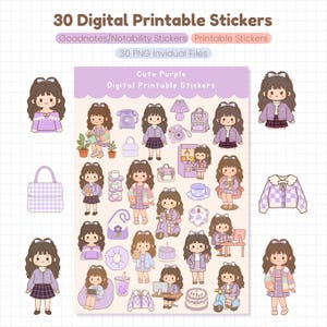 Cute Purple Girl Digital Printable Stickers PNG Files for Goodnotes ...