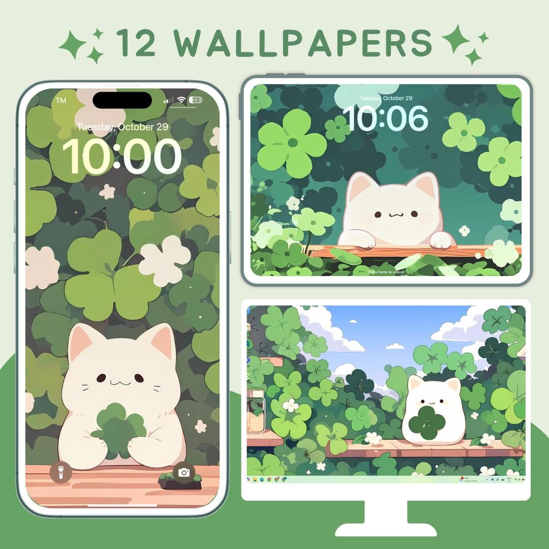 Kawaii Cat in Clover Digital Wallpaper Pack | 12 Cute Green Pastel ...