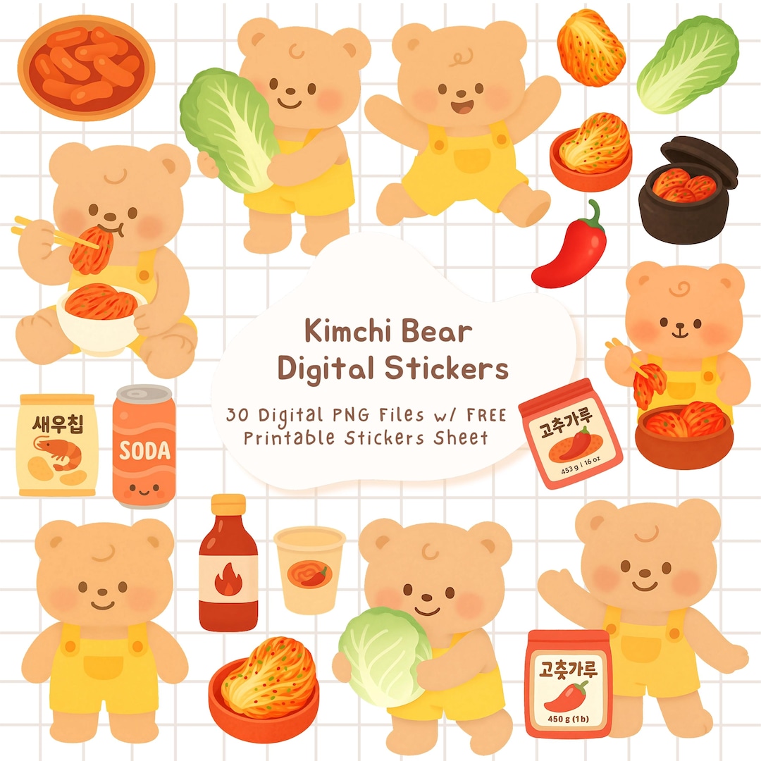 Kimchi Bear Korean Food Stickers: Kawaii Digital Planner Decorations ...