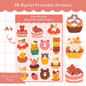 Cute Dessert and Animal Digital Printable Stickers | Kawaii Cupcakes ...