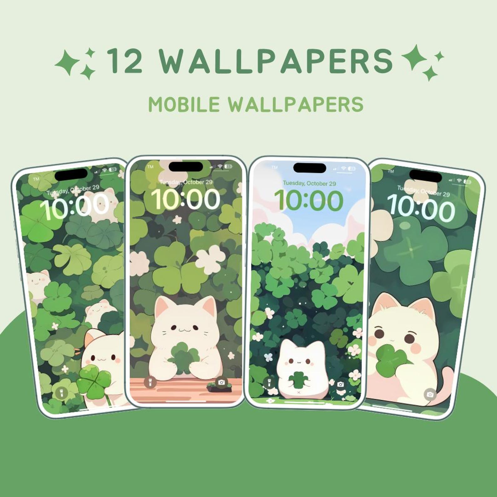 Kawaii Cat in Clover Digital Wallpaper Pack | 12 Cute Green Pastel ...