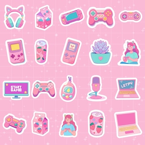 Kawaii Gaming Digital Stickers, Cute Gamer Aesthetic PNG Stickers, Pink ...