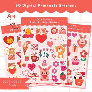 Kawaii Valentine’s Day Digital Printable Stickers, Cute Animal Heart ...