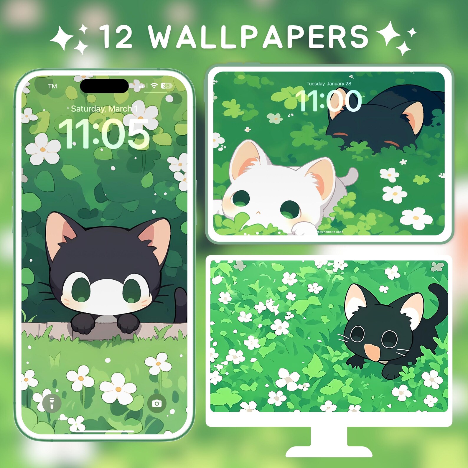 Cute Cat Wallpaper, Digital Cat Wallpaper, Kawaii Wallpaper for iPhone ...
