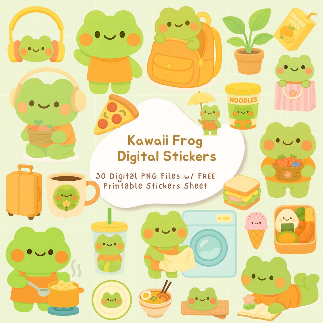 Kawaii Frog Digital Stickers | Cute Frog PNG Clipart Pack | Printable ...