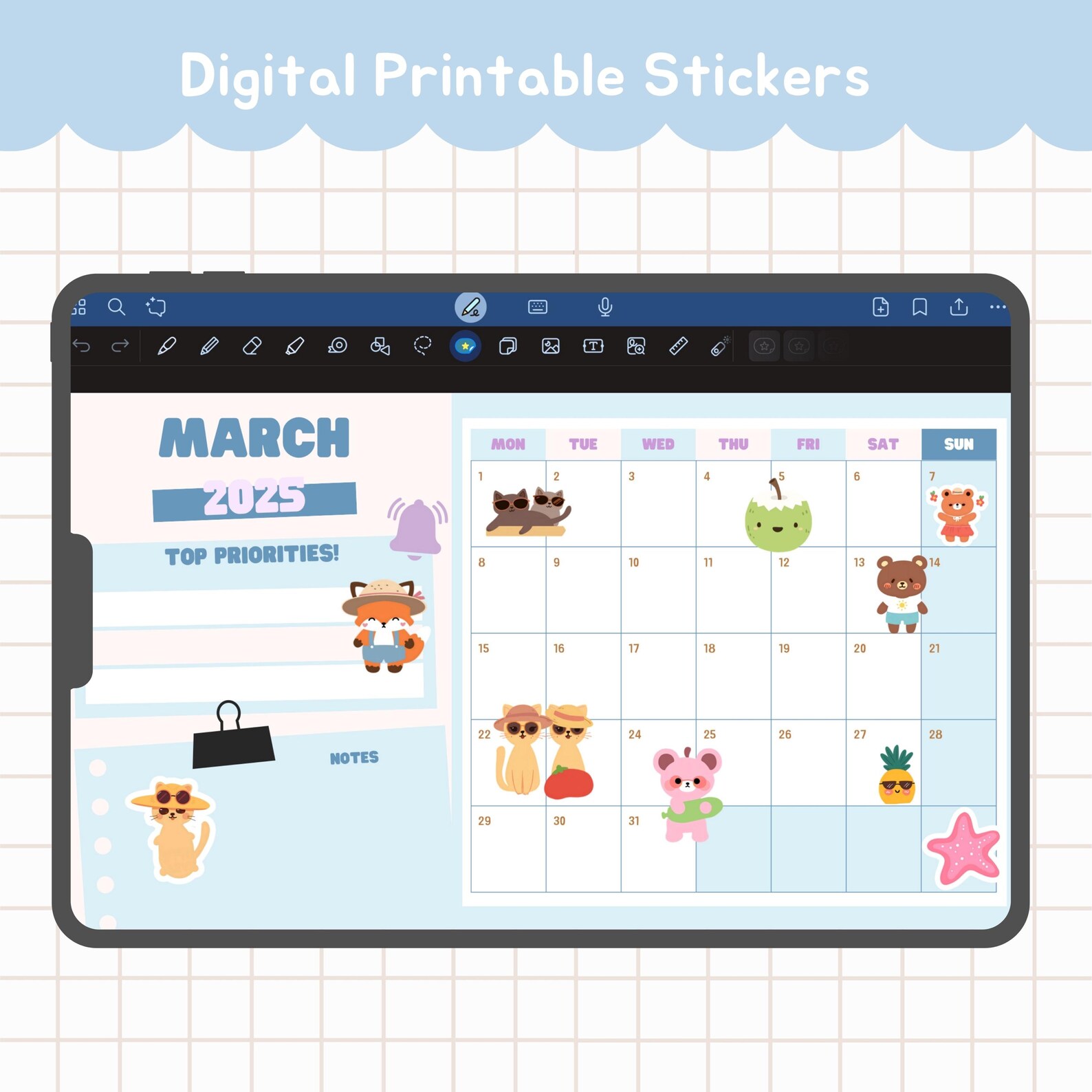 Cute Summer Digital Stickers Kawaii Beach Vacation Pngs Printable ...