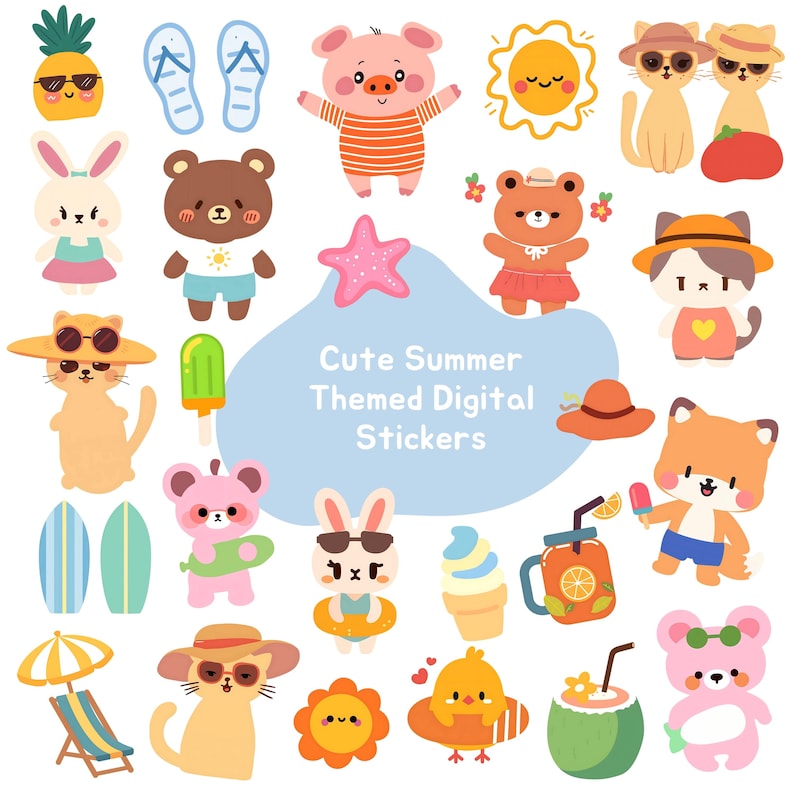 Cute Summer Digital Stickers Kawaii Beach Vacation Pngs Printable ...