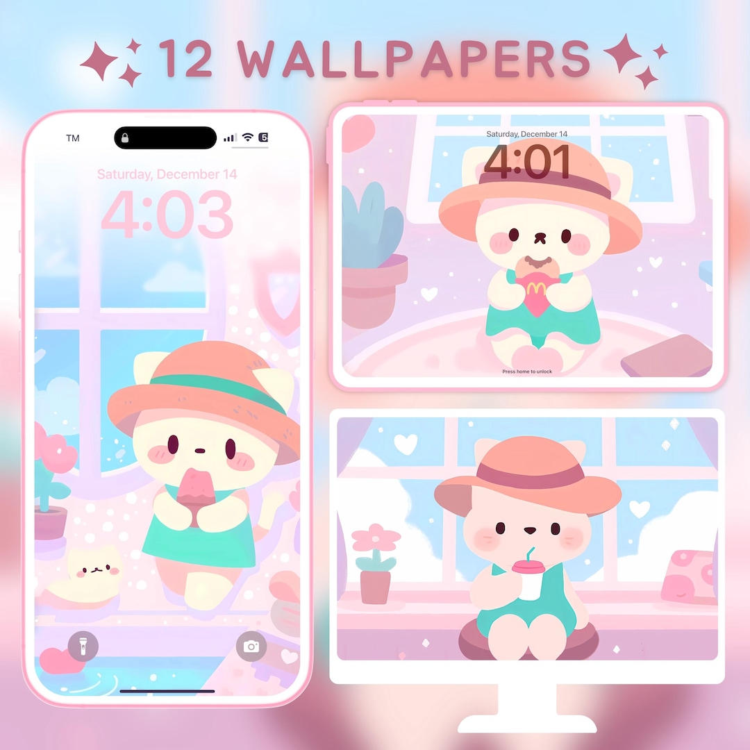 Kawaii Digital Wallpaper Pack, Cute Pastel Bear Wallpapers for Phone ...