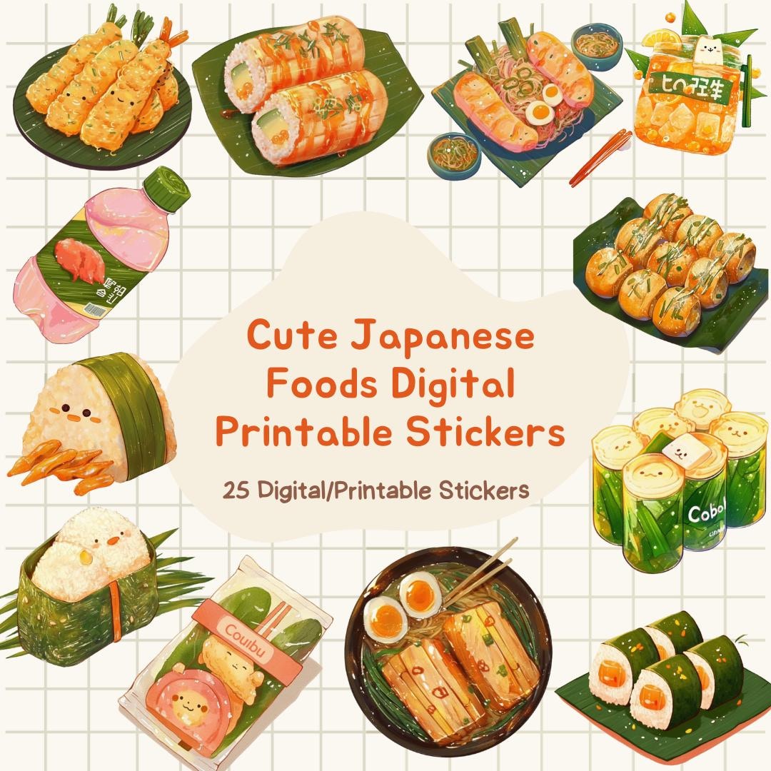 Kawaii Japanese Foods Digital Stickers, Printable PNG Stickers, Sushi ...