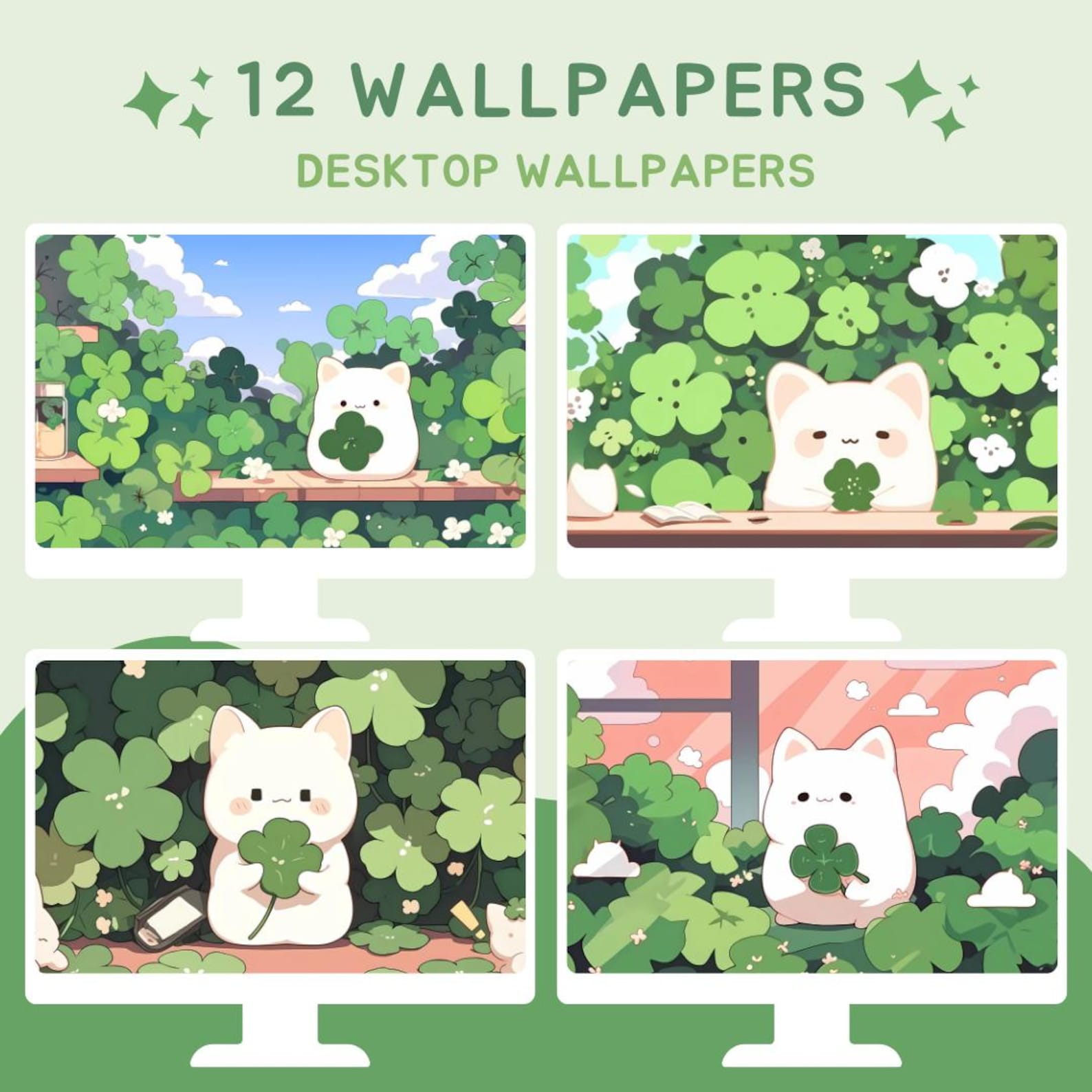 Kawaii Cat in Clover Digital Wallpaper Pack | 12 Cute Green Pastel ...