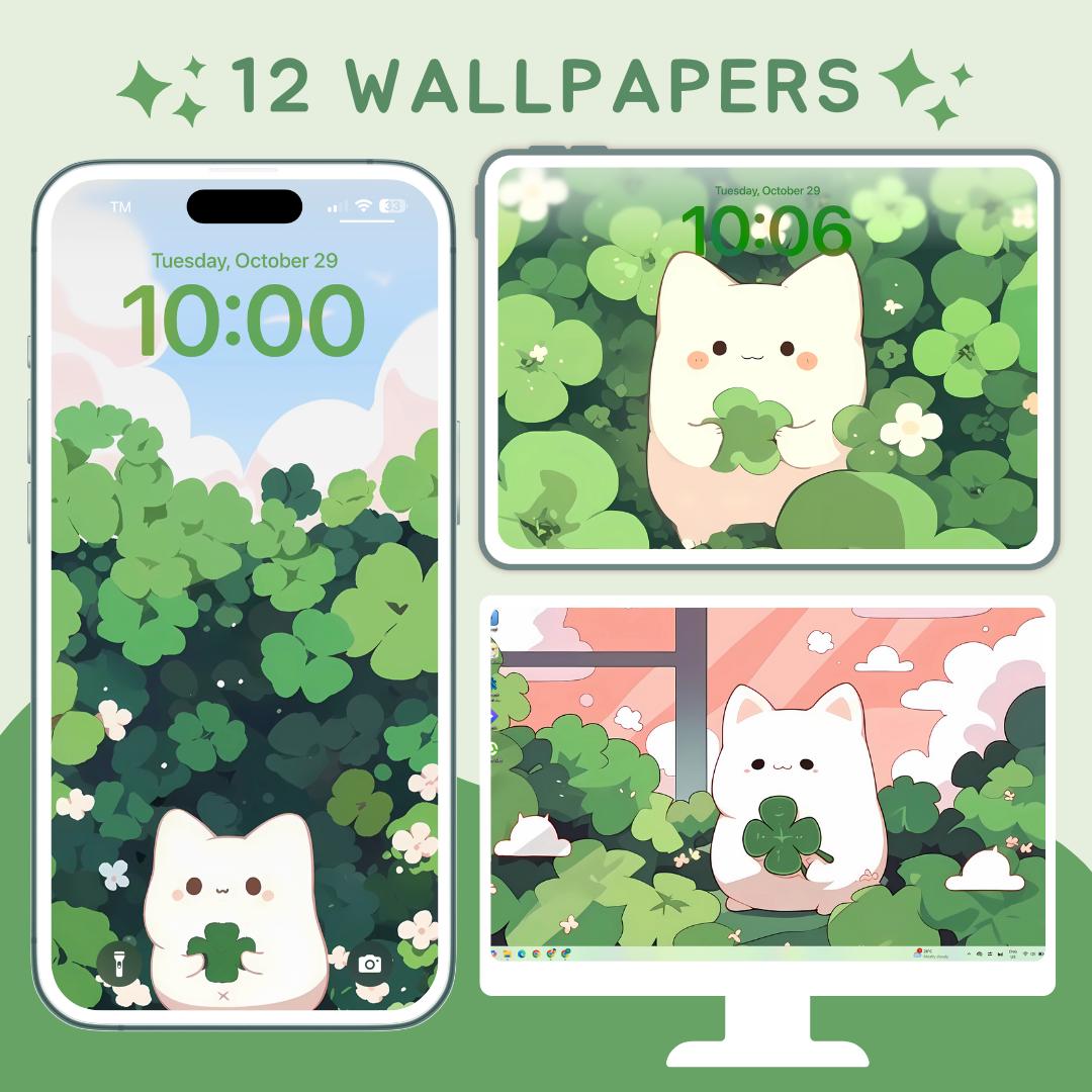 Kawaii Cat in Clover Digital Wallpaper Pack | 12 Cute Green Pastel ...