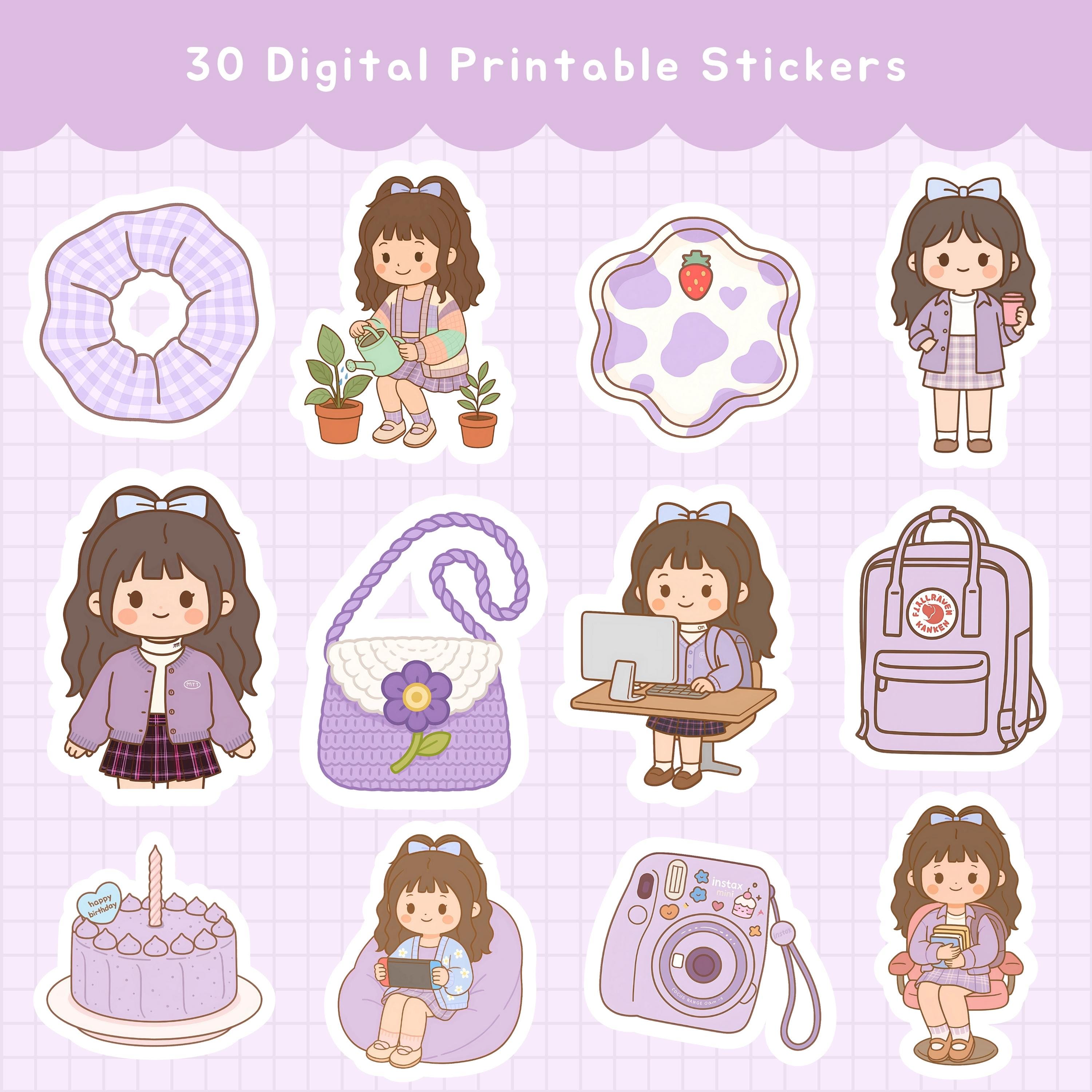 Cute Purple Girl Digital Printable Stickers PNG Files for Goodnotes ...
