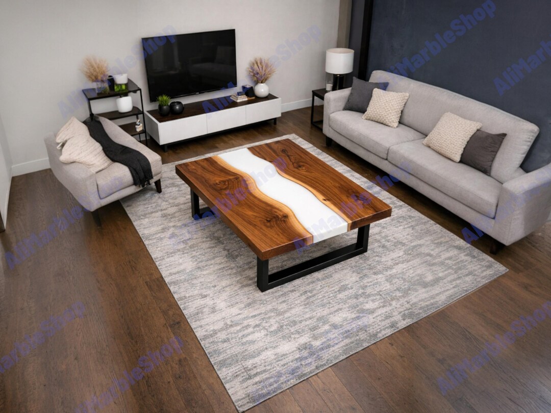 Handmade Walnut River Coffee Table - White Epoxy Resin, Live Edge Wood ...