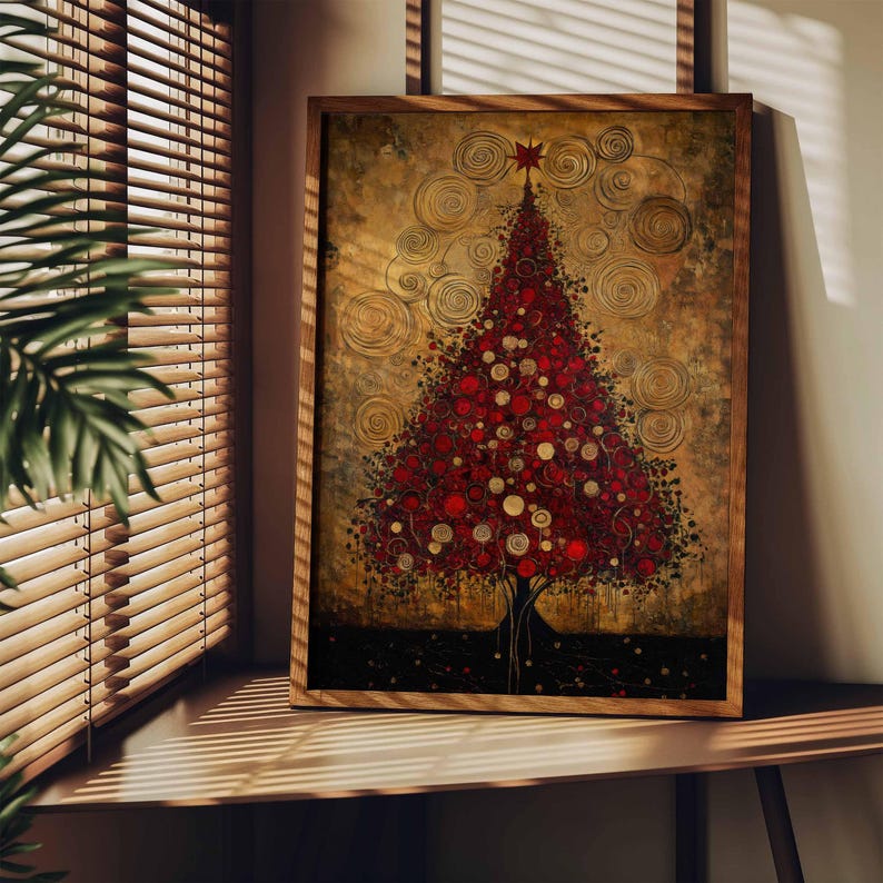 Gustav Klimt Christmas Tree Art Red & Gold Winter Printable Gustav ...