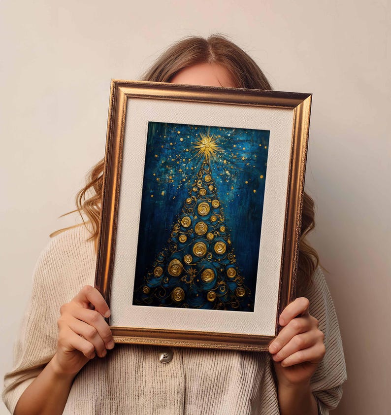 Gustav Klimt Blue Christmas Tree Art Winter Digital Painting Gustav ...