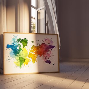 Rainbow Watercolor World Map, Printable Wall Art, Digital Download ...