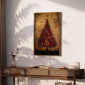 Gustav Klimt Christmas Tree Art Red & Gold Winter Printable Gustav ...