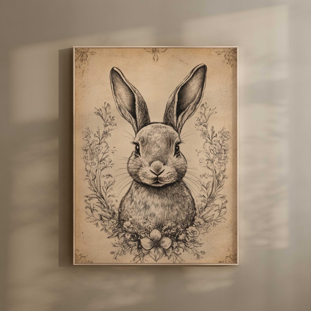 Digital Rabbit Art Print | Vintage Bunny Illustration | Woodland Decor ...