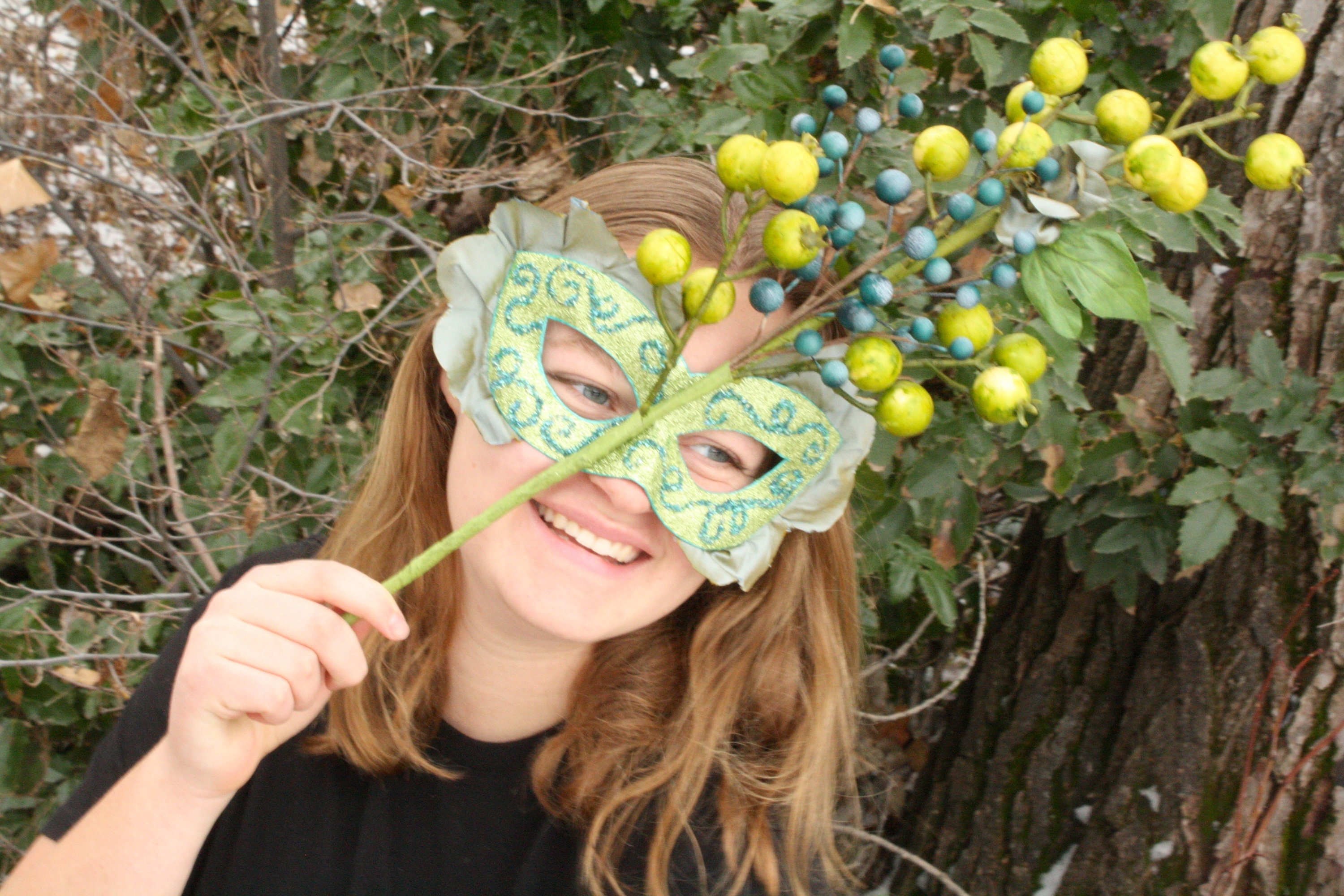 Callie Unique Handheld Masquerade Mask in Teal Blue and Lime Green With ...