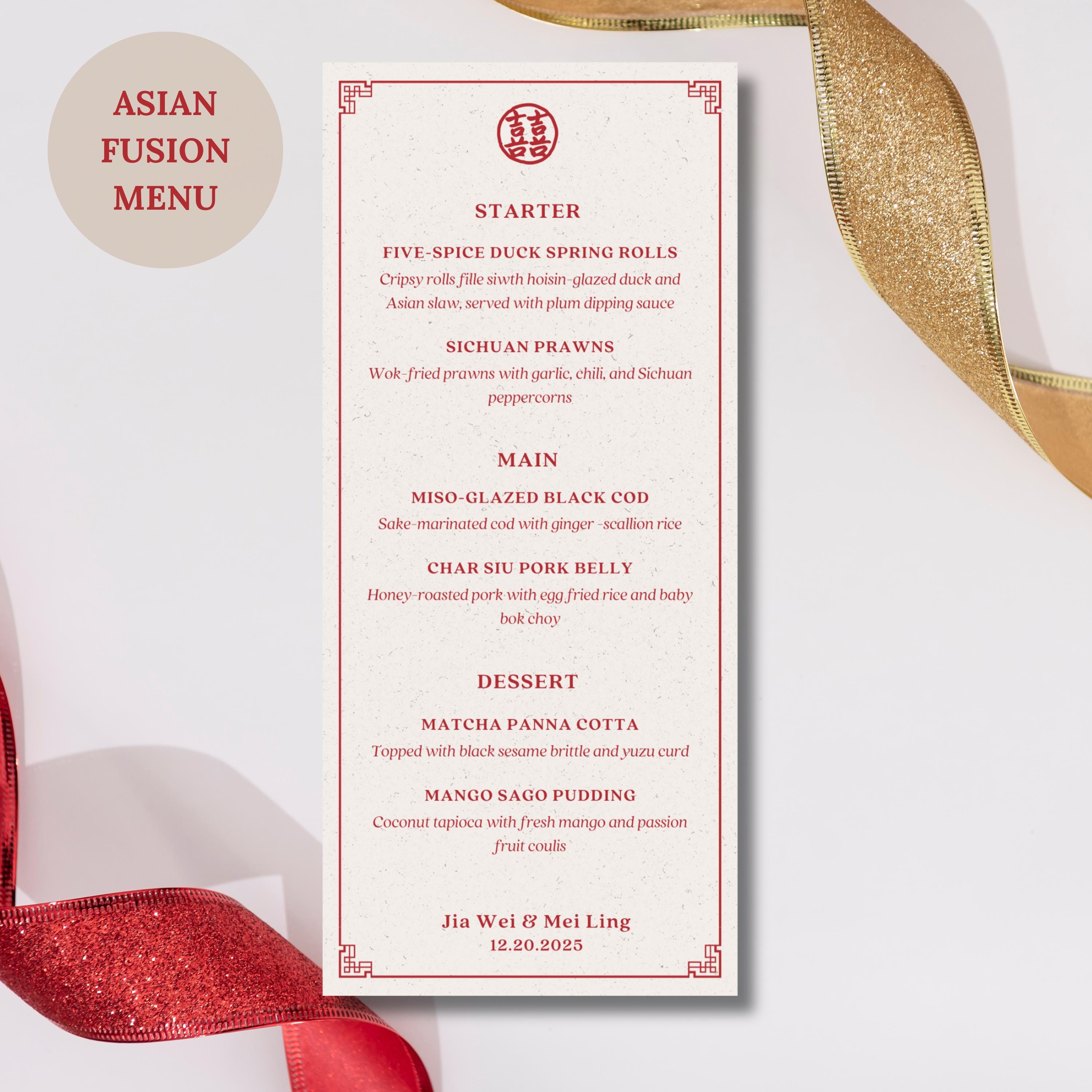 Chinese Wedding Menu Template, Asian Wedding Menu DIY Printable, Double ...
