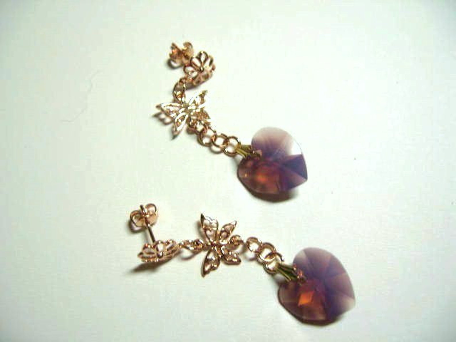 Cyclamen Opal Hearts .. Rose Gold Butterflies, Dangling Earrings ...