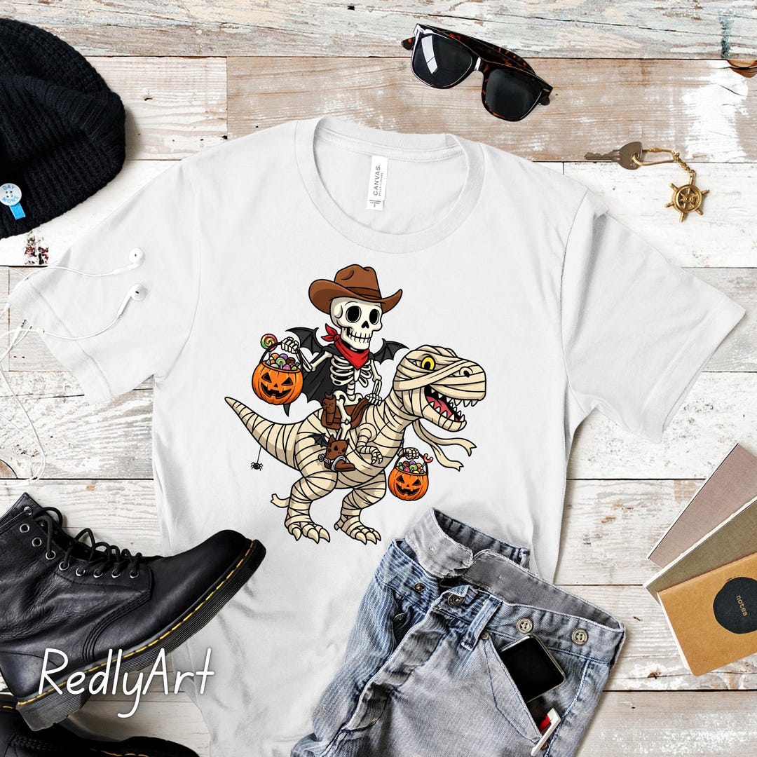 Funny Halloween PNG: Skeleton Cowboy Riding Mummy Dinosaur (digital ...