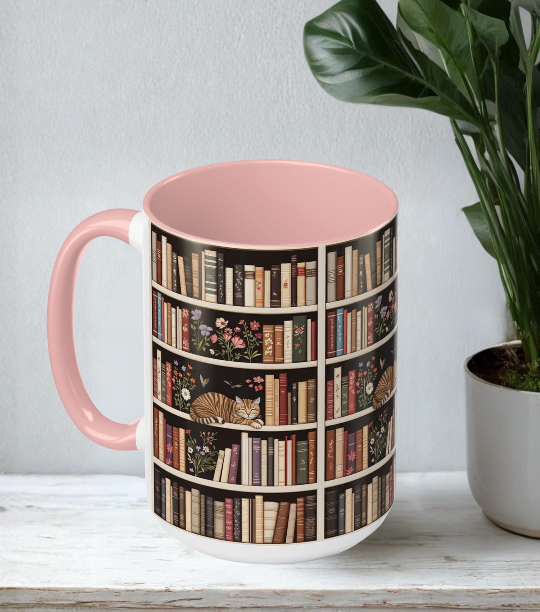 Ginger Cat Mug, Bookshelf Ceramic Coffee Cup, Book Lover Gift Literary ...