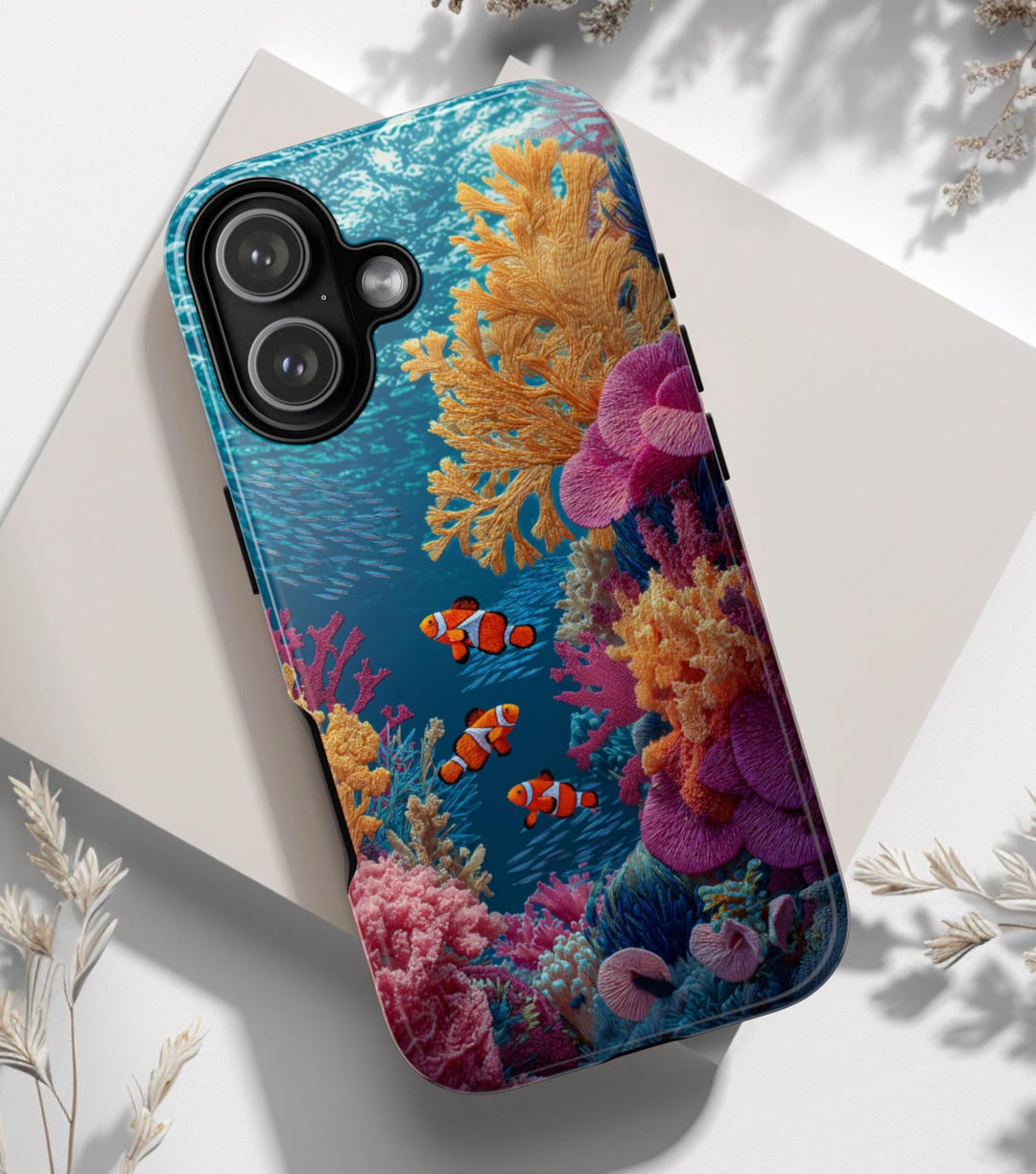 Colorful Coral Reef Phone Case, Embroidery Illusion, Clownfish| Ocean ...