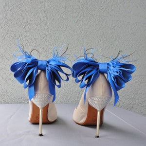 Royal Blue Bridal Shoe Clips Satin Ribbon Bow and Feather - Etsy