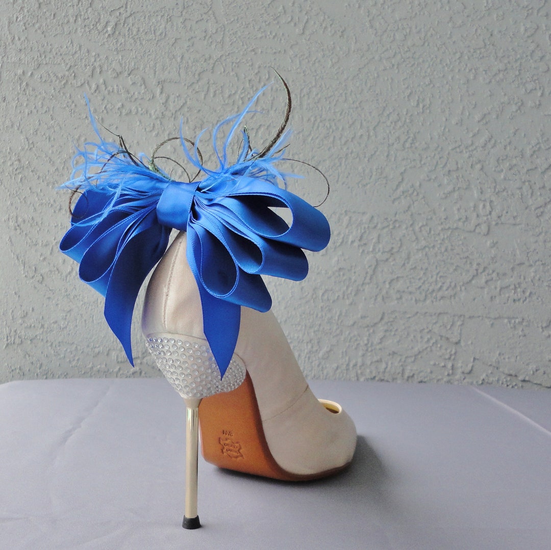 Royal Blue Bridal Shoe Clips Satin Ribbon Bow and Feather - Etsy