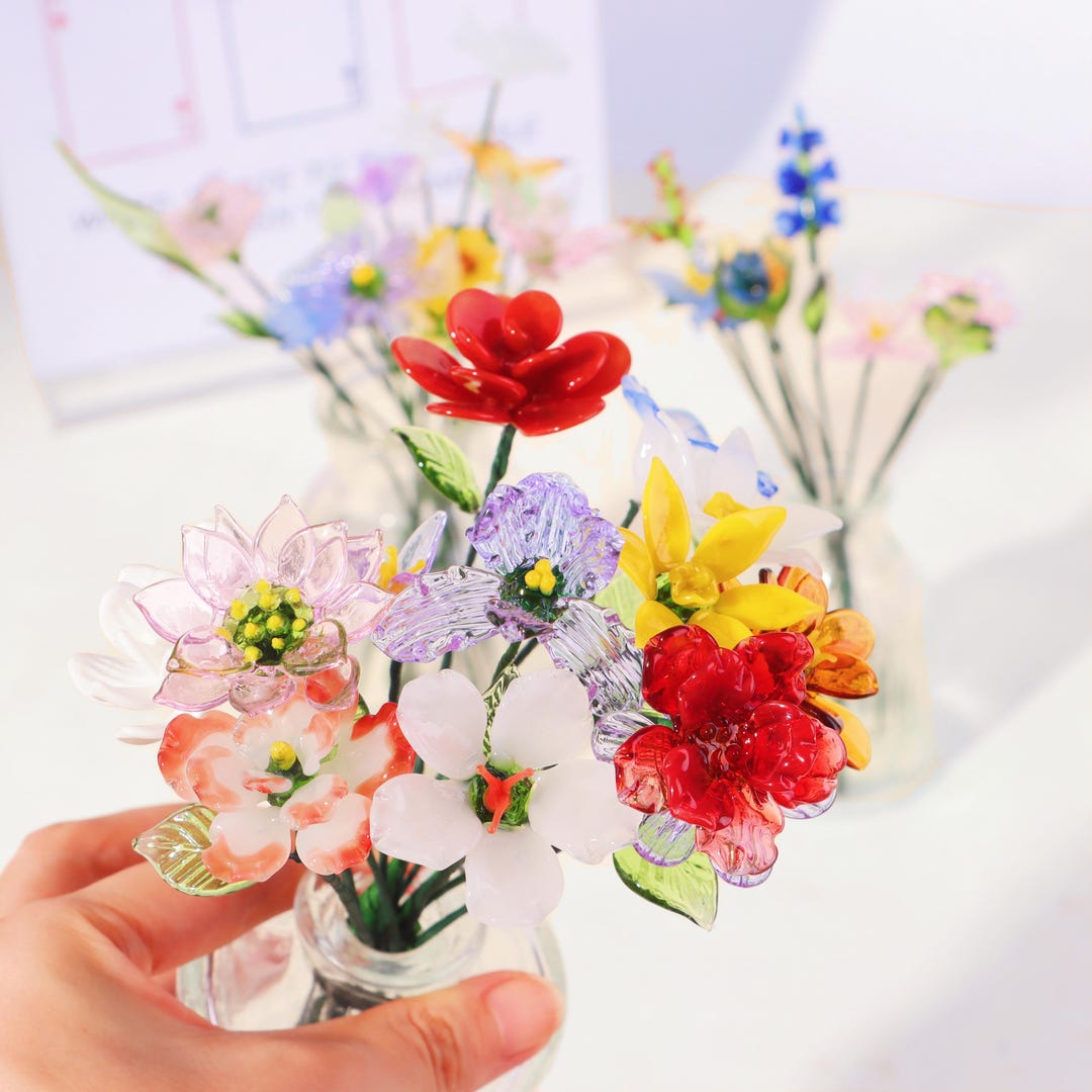 Handmade Glass Birth Flowers, Birth Flower Bouquet, Carnation, Iris ...