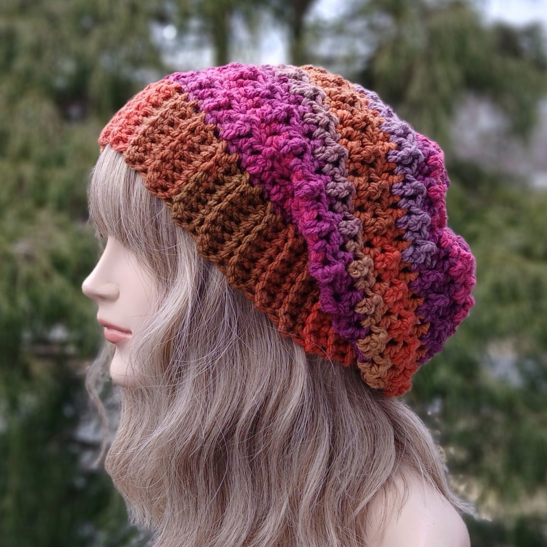 Crochet Hat in Autumn Sunset, Womens Slouchy Beanie, Oversized Slouch ...